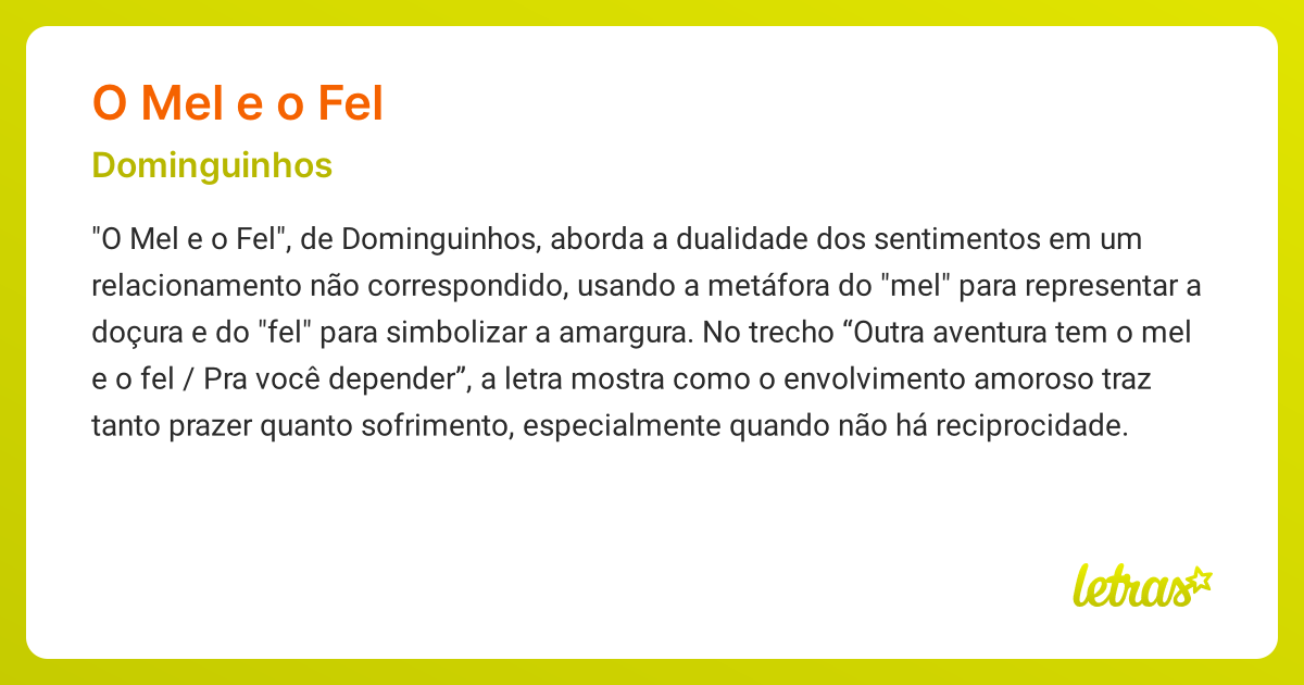 Significado da música O MEL E O FEL (Dominguinhos) - LETRAS.MUS.BR