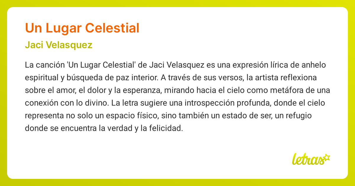 Significado de la canción UN LUGAR CELESTIAL (Jaci Velasquez) - LETRAS.COM