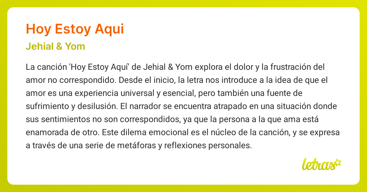 Significado de la canción HOY ESTOY AQUI (Jehial & Yom) - LETRAS.COM