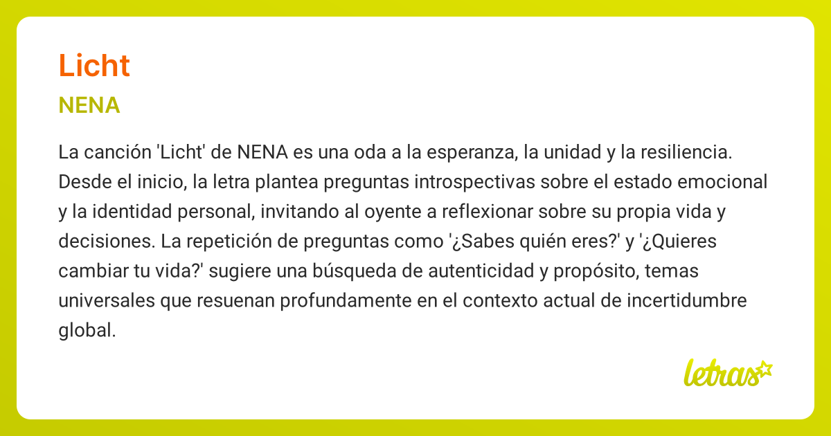 Significado de la canción LICHT (NENA) - LETRAS.COM