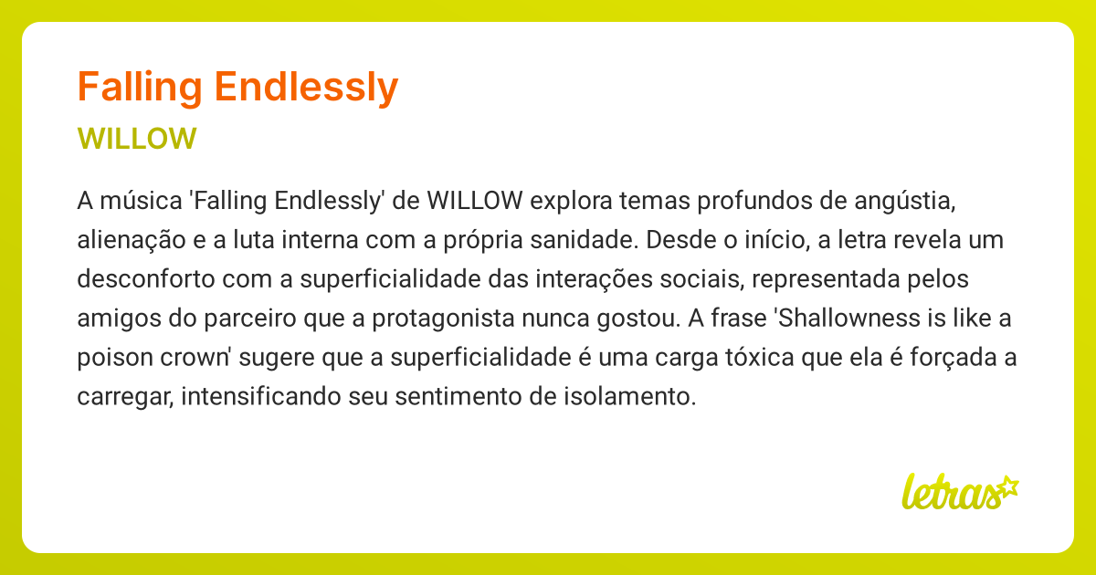 Significado da música FALLING ENDLESSLY (WILLOW) - LETRAS.MUS.BR