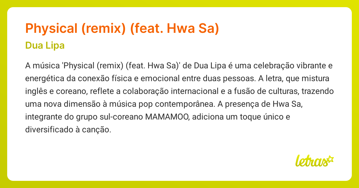 Significado da música Physical (remix) (feat. Hwa Sa) (Dua Lipa ...