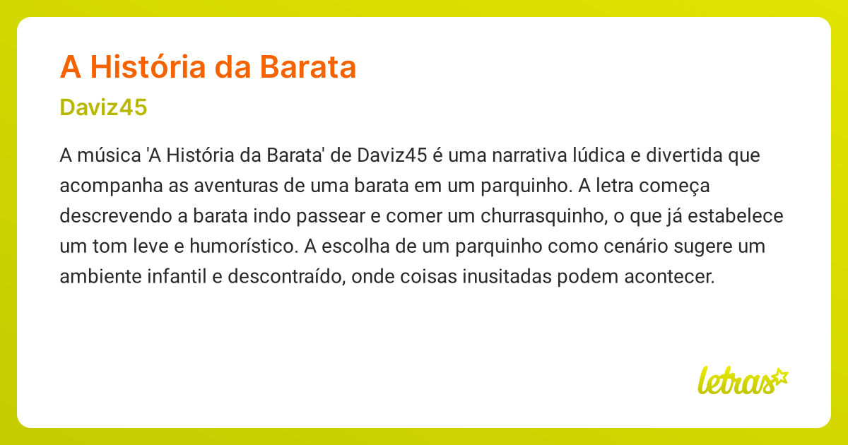 Significado da música A HISTÓRIA DA BARATA (Daviz45) - LETRAS.MUS.BR