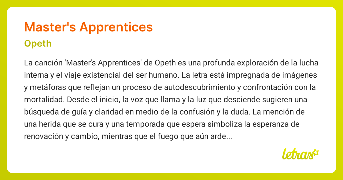 Significado de la canción MASTER'S APPRENTICES (Opeth) - LETRAS.COM