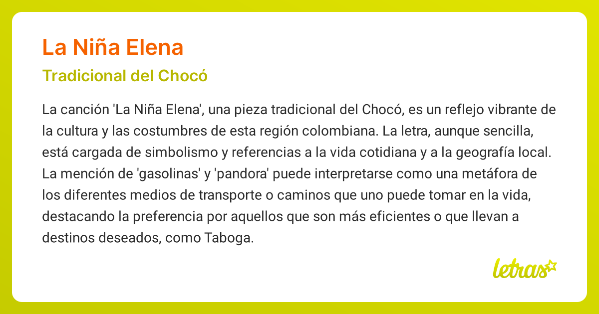 Significado de la canción LA NIÑA ELENA (Tradicional del Chocó ...