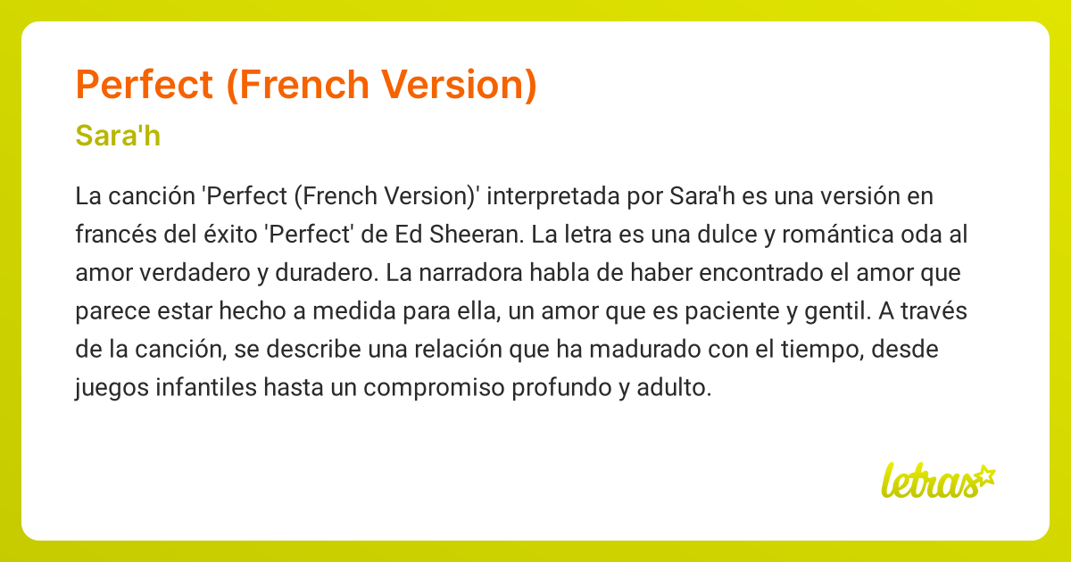 Significado de la canción PERFECT (FRENCH VERSION) (Sara'h) - LETRAS.COM