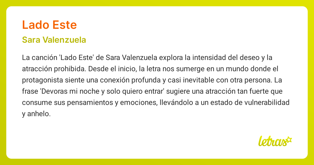 Significado de la canción LADO ESTE (Sara Valenzuela) - LETRAS.COM