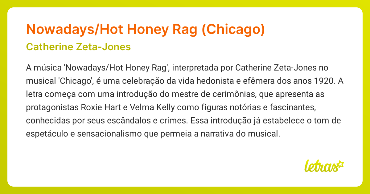 Significado da música Nowadays/Hot Honey Rag (Chicago) (Catherine Zeta ...