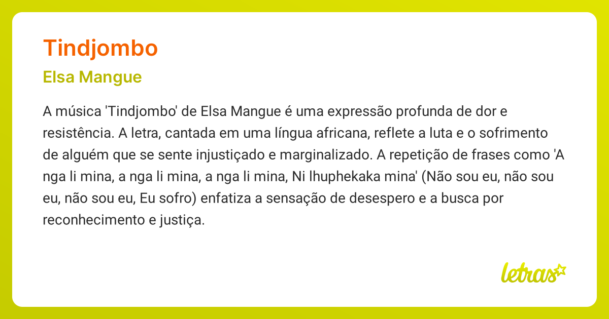 Significado da música TINDJOMBO (Elsa Mangue) - LETRAS.MUS.BR