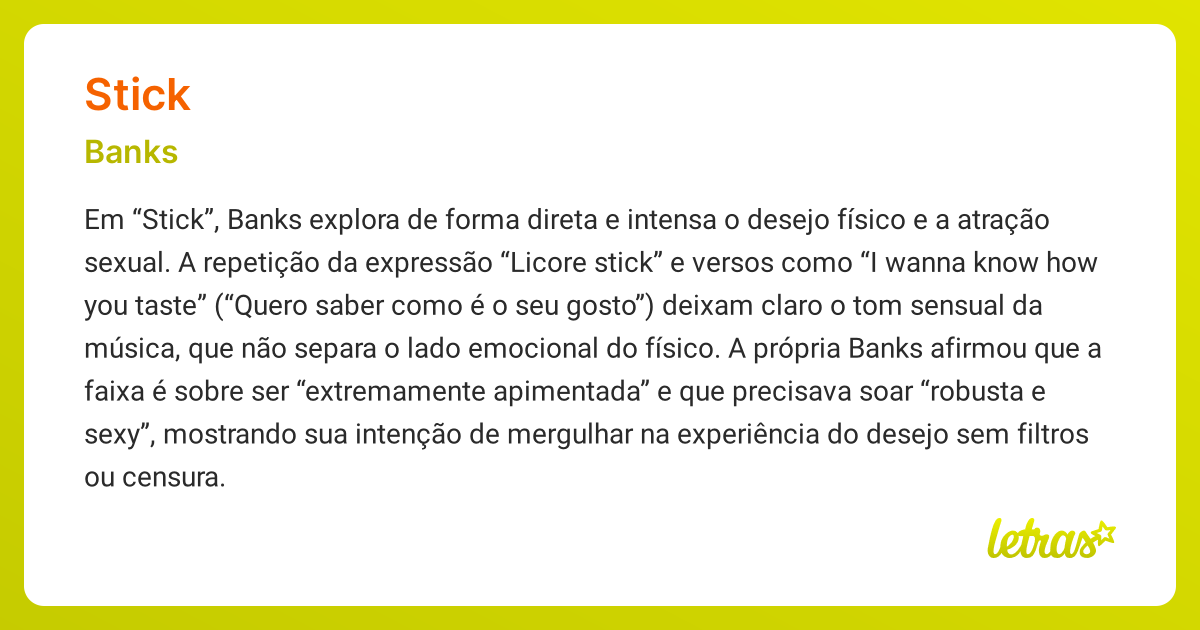 Significado da música STICK (Banks) - LETRAS.MUS.BR