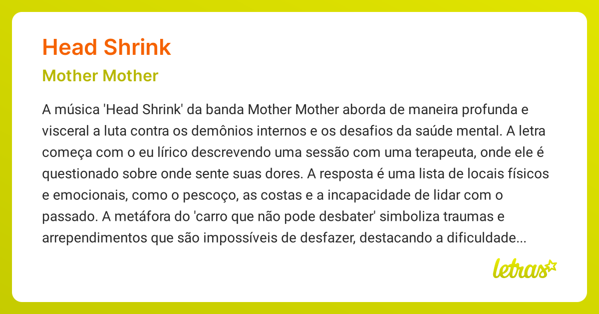 Significado da música HEAD SHRINK (Mother Mother) - LETRAS.MUS.BR