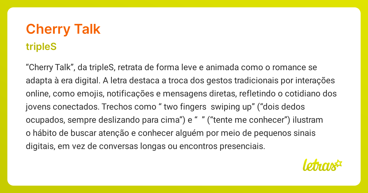 Significado da música CHERRY TALK (tripleS) - LETRAS.MUS.BR