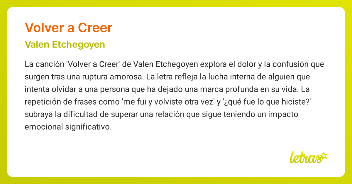 Significado de la canción VOLVER A CREER (Valen Etchegoyen) - LETRAS.COM