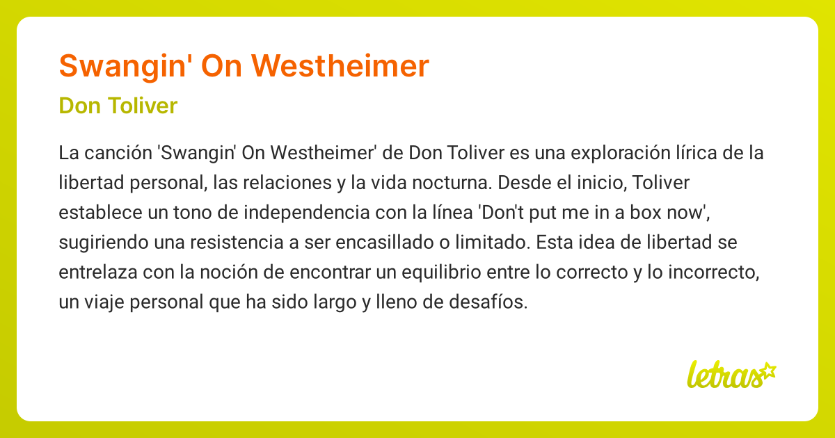 Significado de la canción SWANGIN' ON WESTHEIMER (Don Toliver) - LETRAS.COM