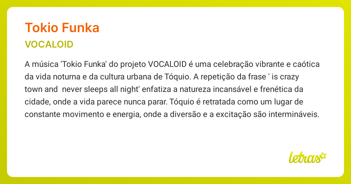 Significado da música TOKIO FUNKA (VOCALOID) - LETRAS.MUS.BR