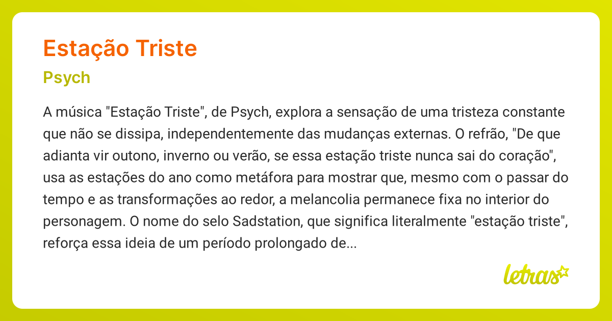 Significado da música ESTAÇÃO TRISTE (Psych) - LETRAS.MUS.BR