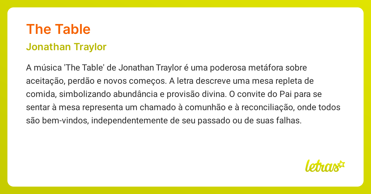 Significado da música THE TABLE (Jonathan Traylor) - LETRAS.MUS.BR