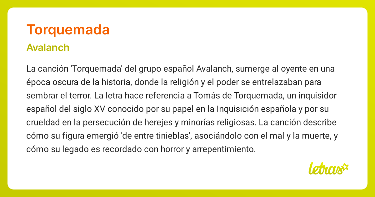 Significado de la canción TORQUEMADA (Avalanch) - LETRAS.COM
