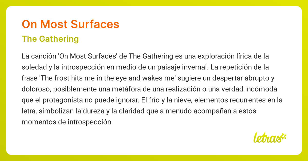 Significado de la canción ON MOST SURFACES (The Gathering) - LETRAS.COM