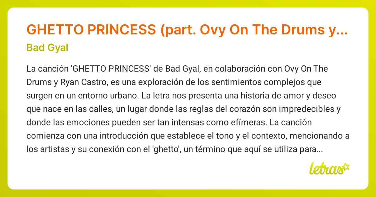 Significado de la canción GHETTO PRINCESS (part. Ovy On The Drums y ...