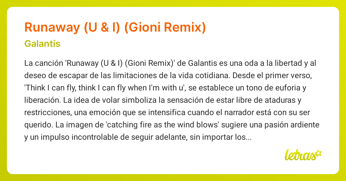 Significado de la canción RUNAWAY (U & I) (GIONI REMIX) (Galantis ...