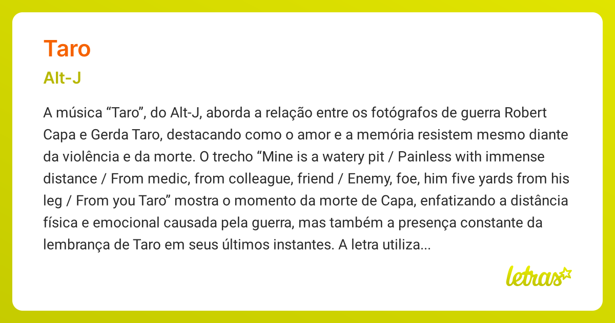 Significado da música TARO (Alt-J) - LETRAS.MUS.BR