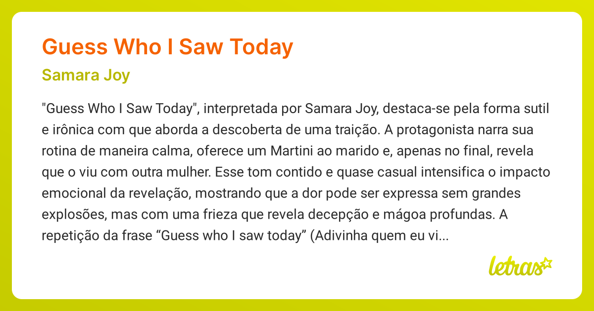 Significado da música GUESS WHO I SAW TODAY (Samara Joy) - LETRAS.MUS.BR
