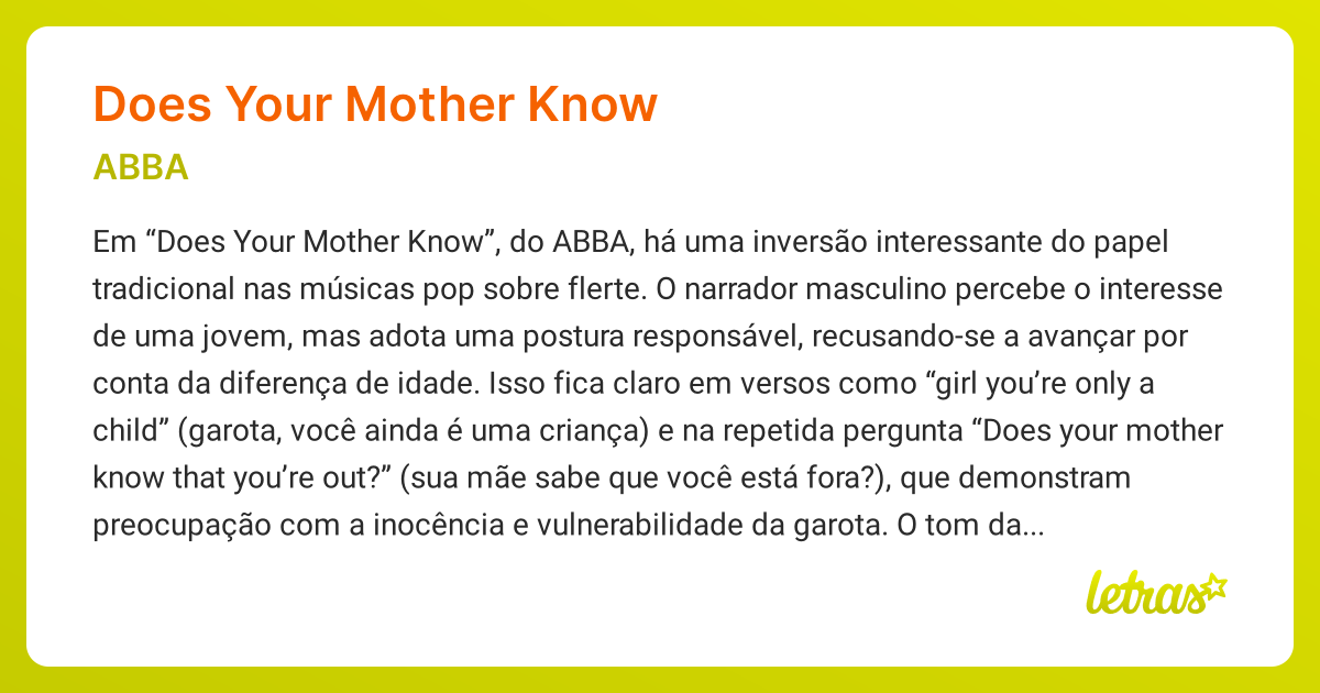 Significado da música DOES YOUR MOTHER KNOW (ABBA) - LETRAS.MUS.BR