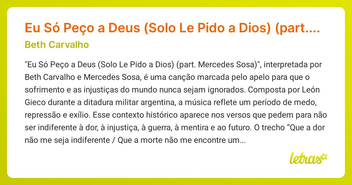 Significado da música Eu Só Peço a Deus (Solo Le Pido a Dios) (part ...