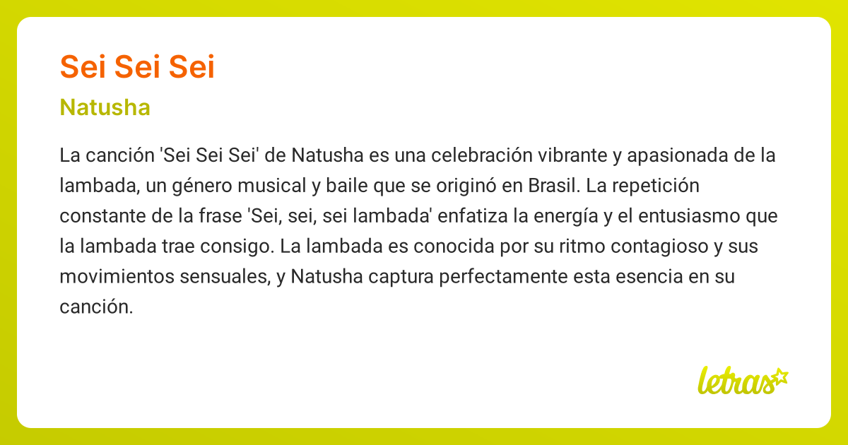 Significado de la canción SEI SEI SEI (Natusha) - LETRAS.COM