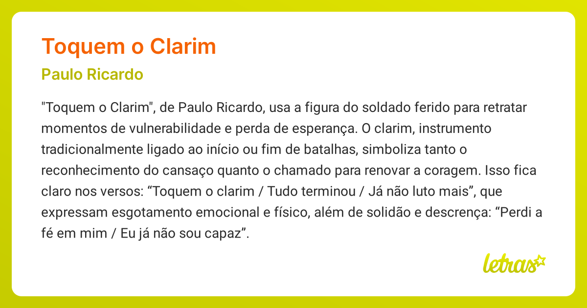 Significado da música TOQUEM O CLARIM (Paulo Ricardo) - LETRAS.MUS.BR