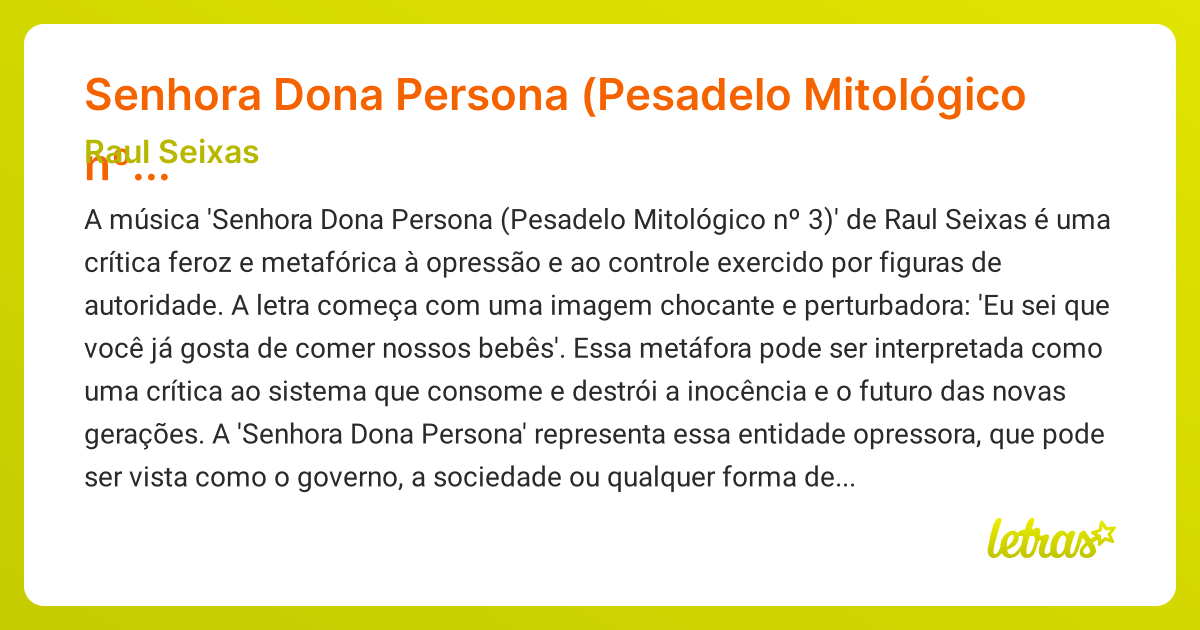 Significado da música Senhora Dona Persona (Pesadelo Mitológico nº 3 ...