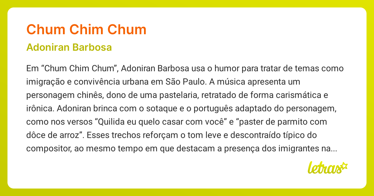 Significado da música CHUM CHIM CHUM (Adoniran Barbosa) - LETRAS.MUS.BR
