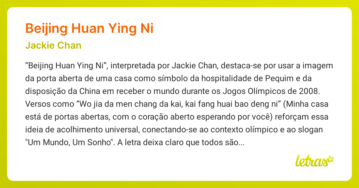 Significado da música BEIJING HUAN YING NI (Jackie Chan) - LETRAS.MUS.BR