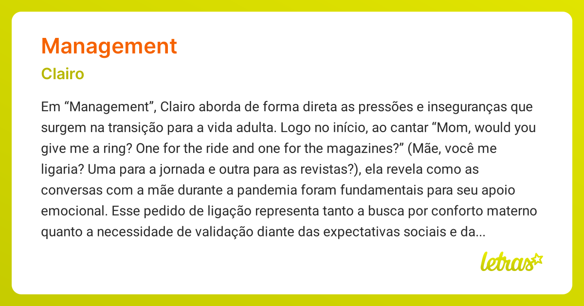 Significado da música MANAGEMENT (Clairo) - LETRAS.MUS.BR