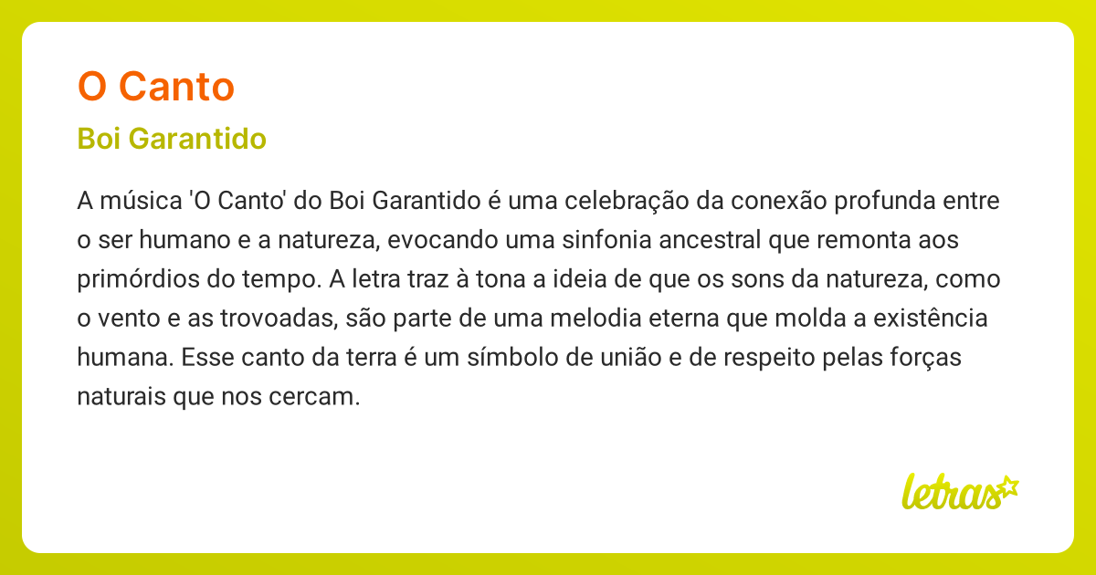 Significado da música O CANTO (Boi Garantido) - LETRAS.MUS.BR