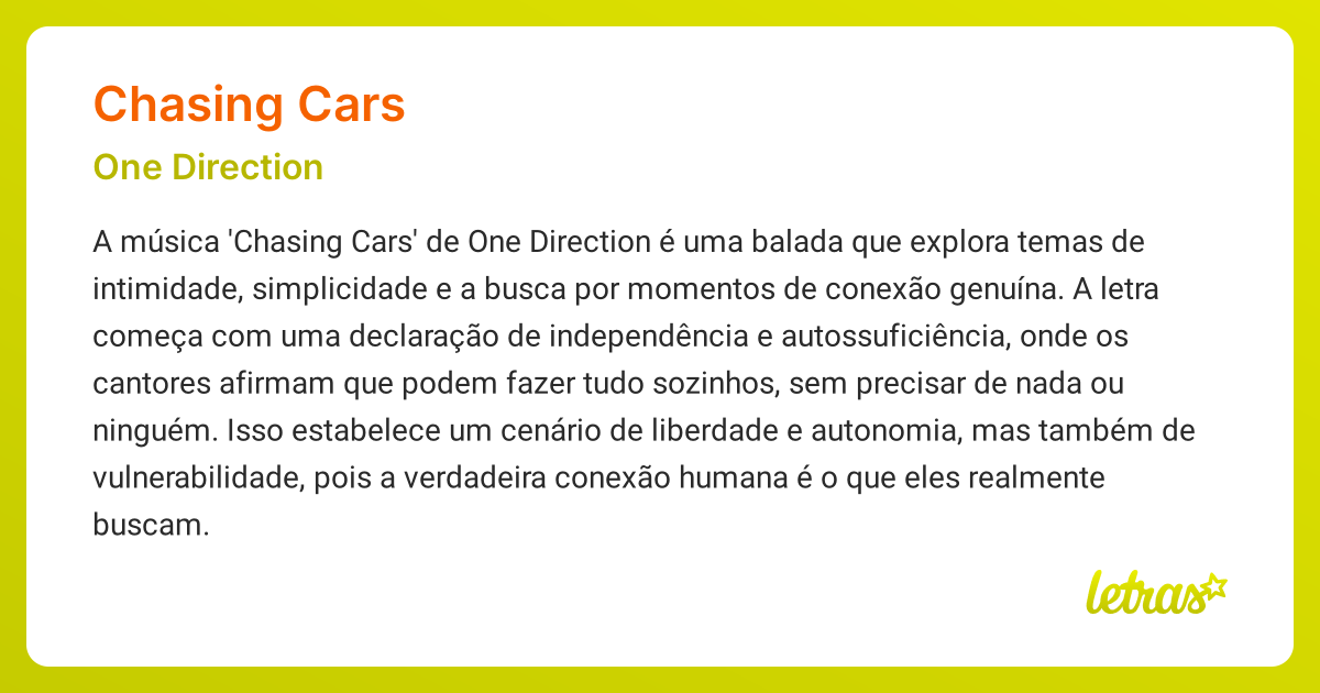 Significado da música CHASING CARS (One Direction) - LETRAS.MUS.BR