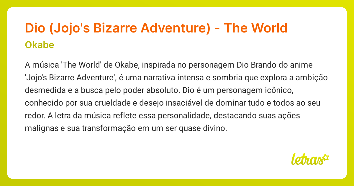 Significado da música Dio (Jojo's Bizarre Adventure) - The World (Okabe ...