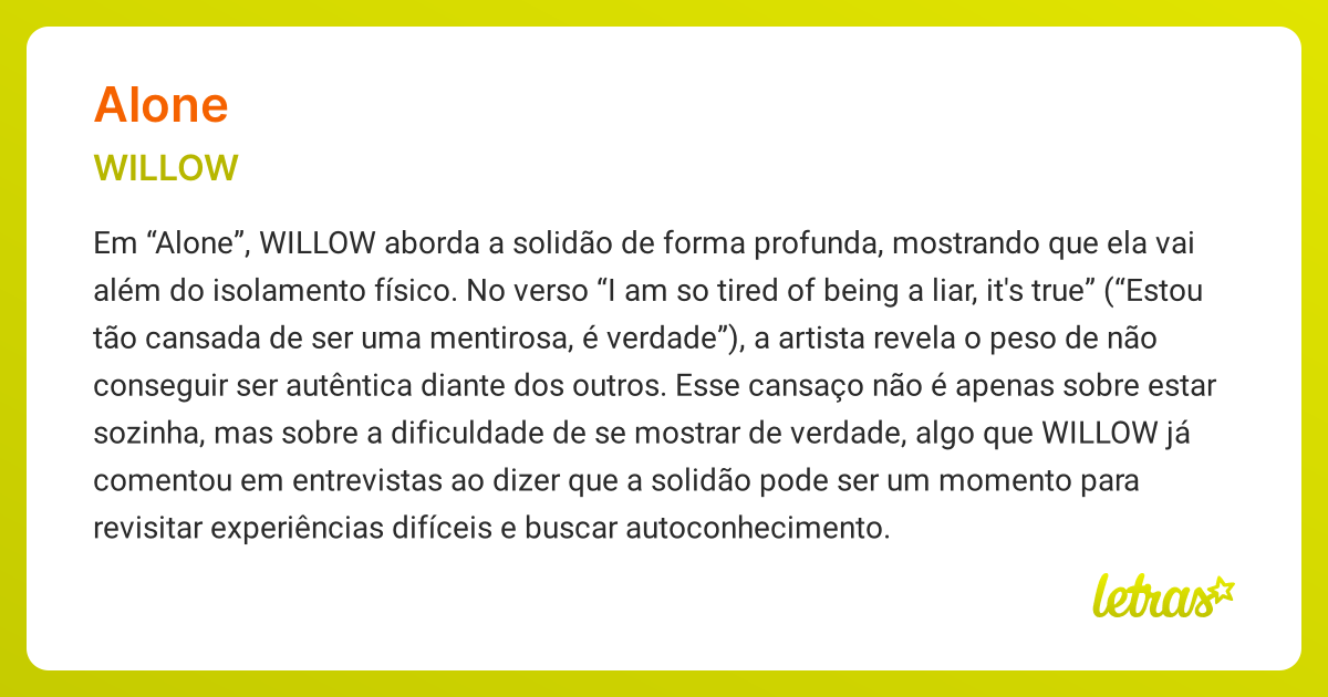 Significado da música ALONE (WILLOW) - LETRAS.MUS.BR
