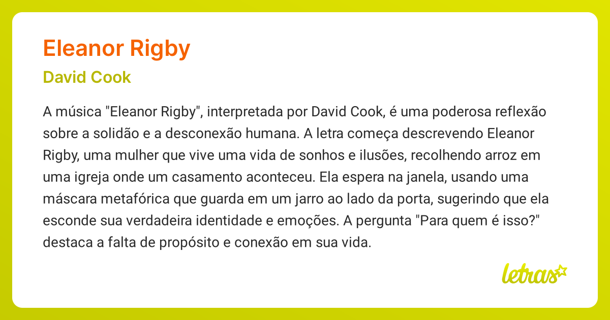Significado da música ELEANOR RIGBY (David Cook) - LETRAS.MUS.BR