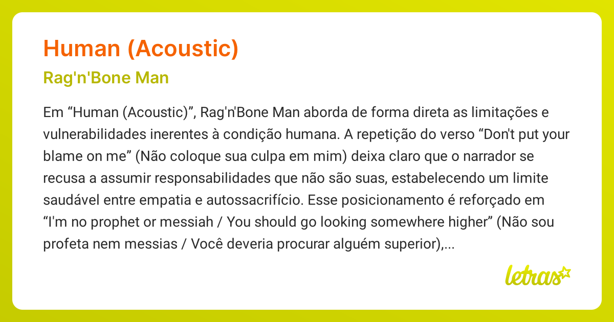 Significado da música HUMAN (ACOUSTIC) (Rag'n'Bone Man) - LETRAS.MUS.BR