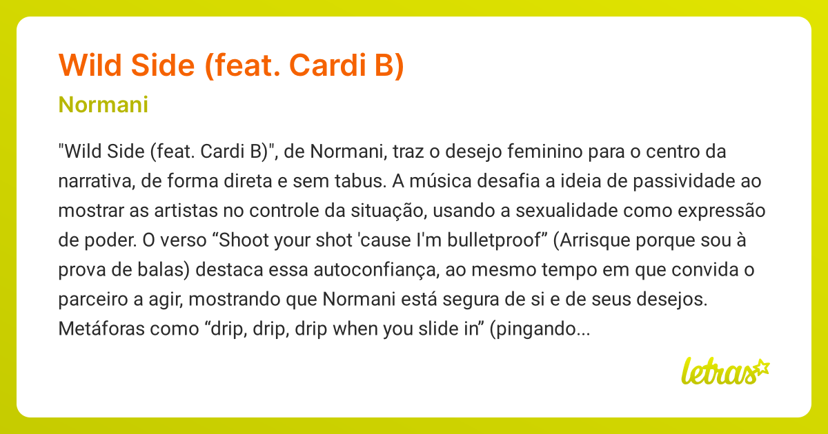 Significado da música WILD SIDE (FEAT. CARDI B) (Normani) - LETRAS.MUS.BR