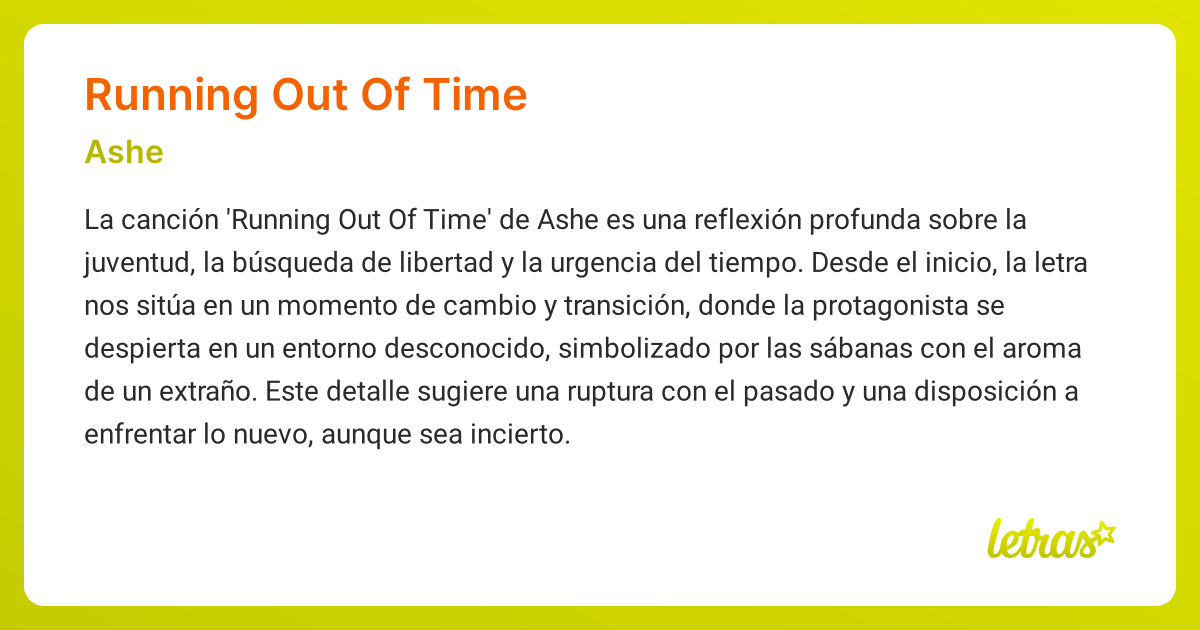 Significado de la canción RUNNING OUT OF TIME (Ashe) - LETRAS.COM