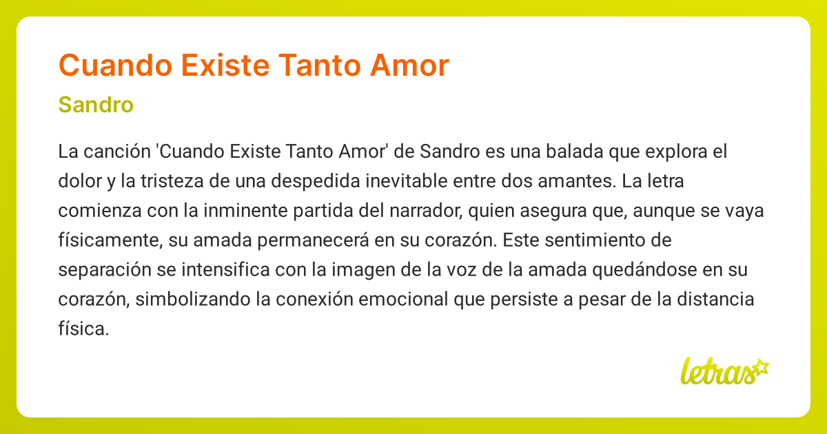 Significado de la canción CUANDO EXISTE TANTO AMOR (Sandro) - LETRAS.COM