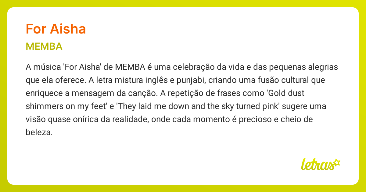 Significado da música FOR AISHA (MEMBA) - LETRAS.MUS.BR