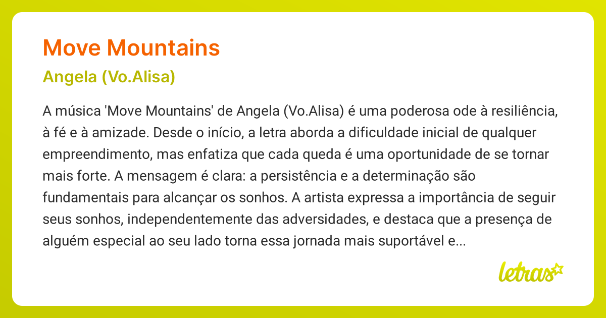 Significado da música MOVE MOUNTAINS (Angela (Vo.Alisa)) - LETRAS.MUS.BR