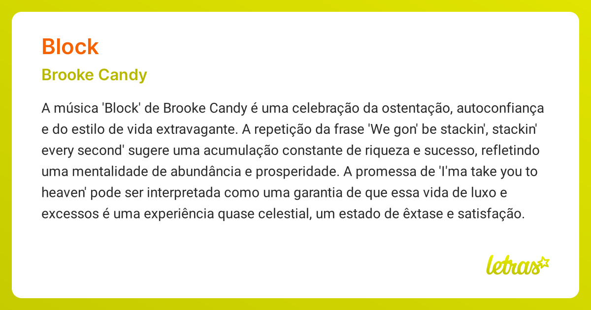 Significado da música BLOCK (Brooke Candy) - LETRAS.MUS.BR