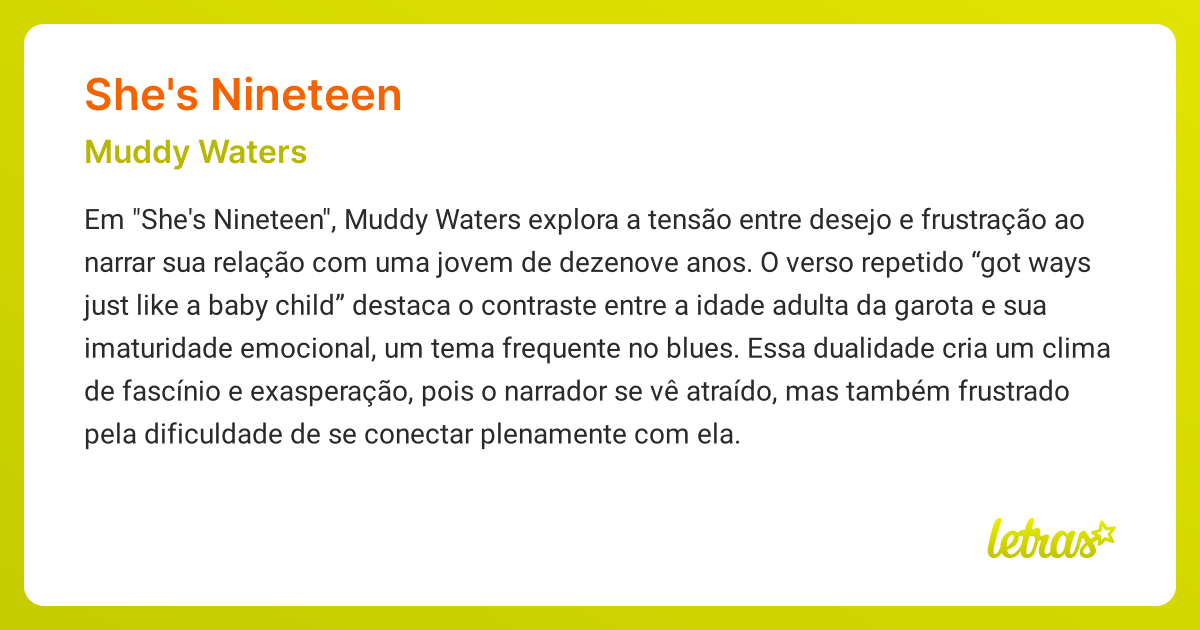 Significado da música SHE'S NINETEEN (Muddy Waters) - LETRAS.MUS.BR