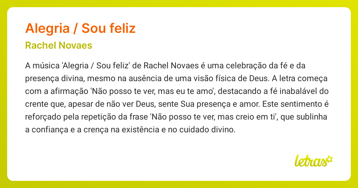 Significado da música ALEGRIA / SOU FELIZ (Rachel Novaes) - LETRAS.MUS.BR