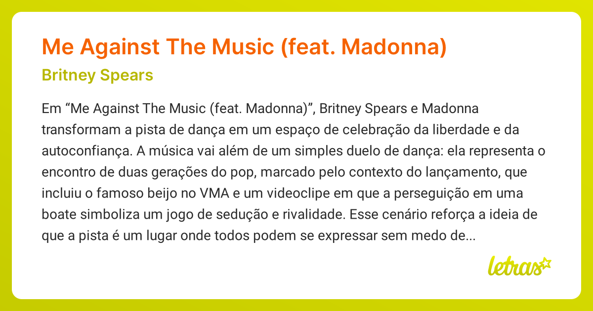 Significado da música Me Against The Music (feat. Madonna) (Britney ...